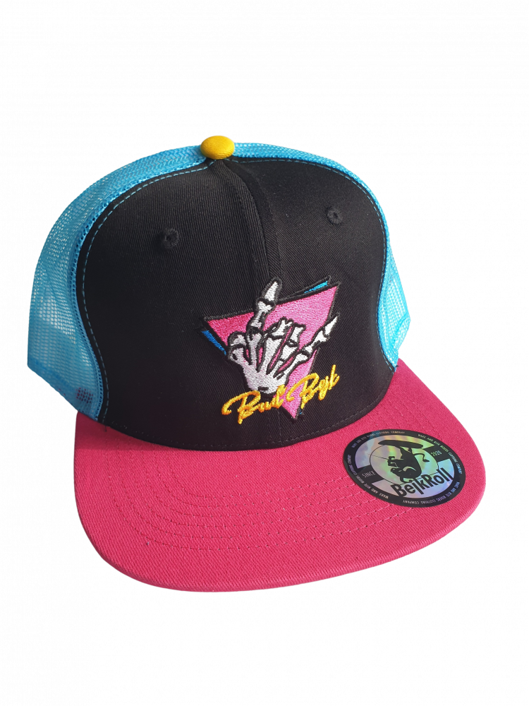 Kšiltovka BejkRoll SNAP Trucker černo růžová s logem Buď Bejk triangl